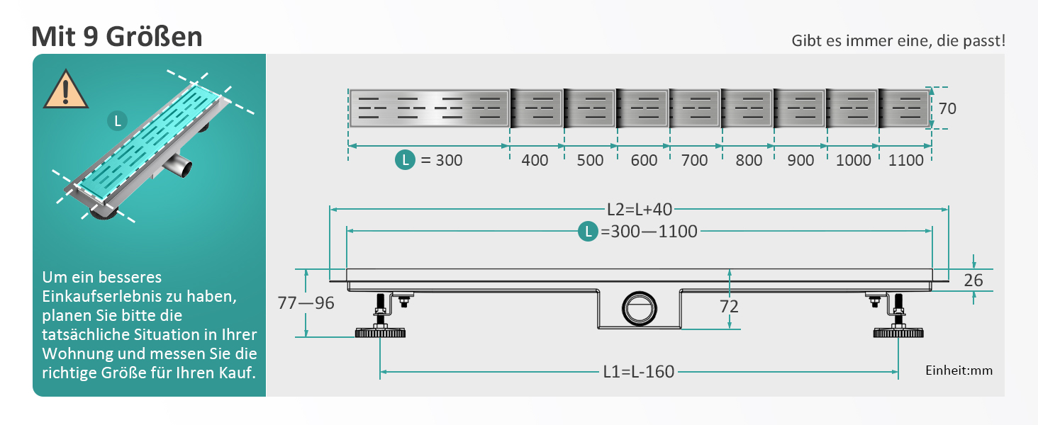 EMKE Duschrinne Edelstahl Komplettset Bodenablauf Dusche Siphon mit ...