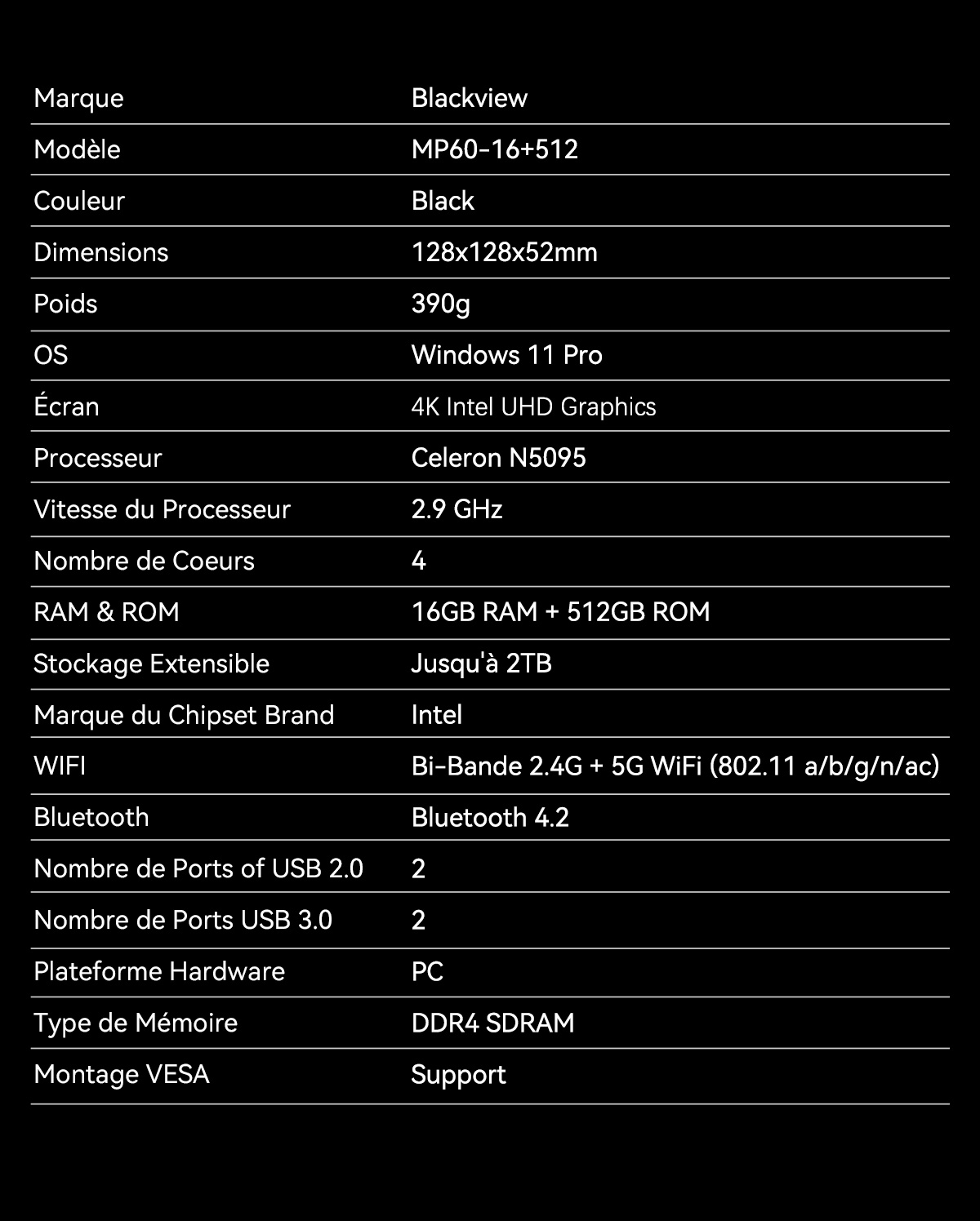 Mini PC Blackview MP60 Intel N5095 2.9 GHz Windows 11 Pro 16 Go LPDDR4 ...